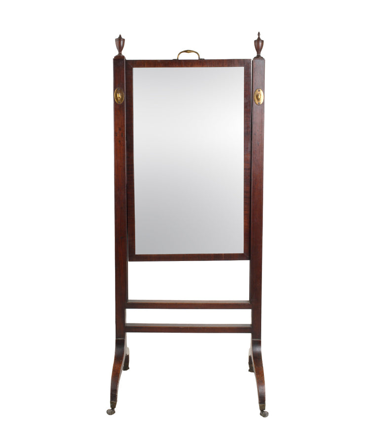 A petite and finely detailed Georgian cheval glass mirror with rise an ...