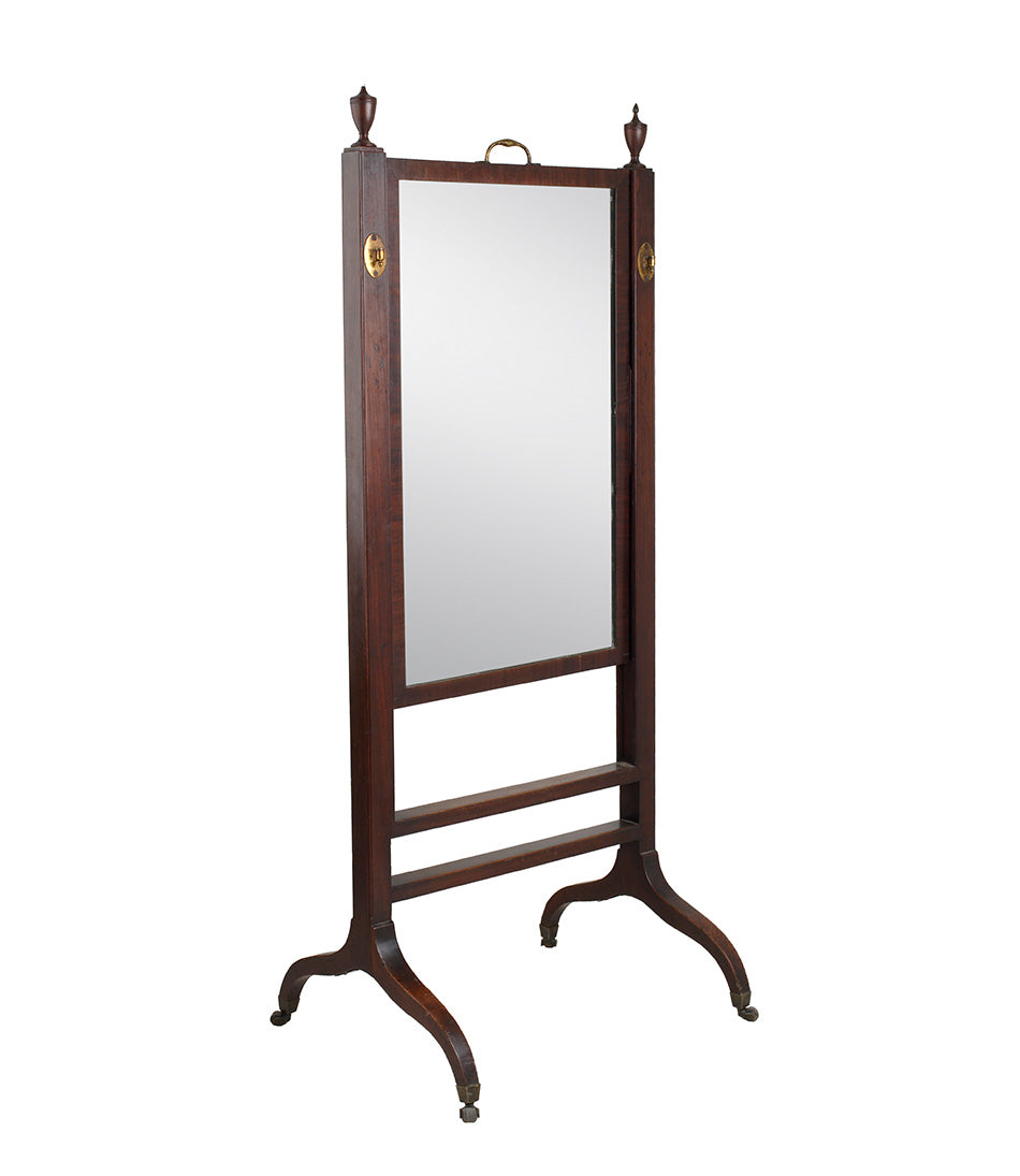 A petite and finely detailed Georgian cheval glass mirror with rise an ...