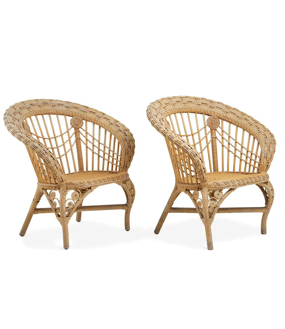 An antique pair of ornate, finely woven rattan chairs– Soane Britain